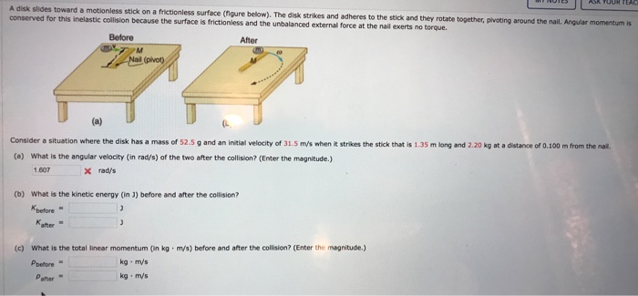 Solved a disk slides toward a motionless stick on a | Chegg.com