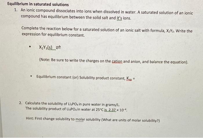Solved Equilibrium in saturated solutions 1. An ionic | Chegg.com