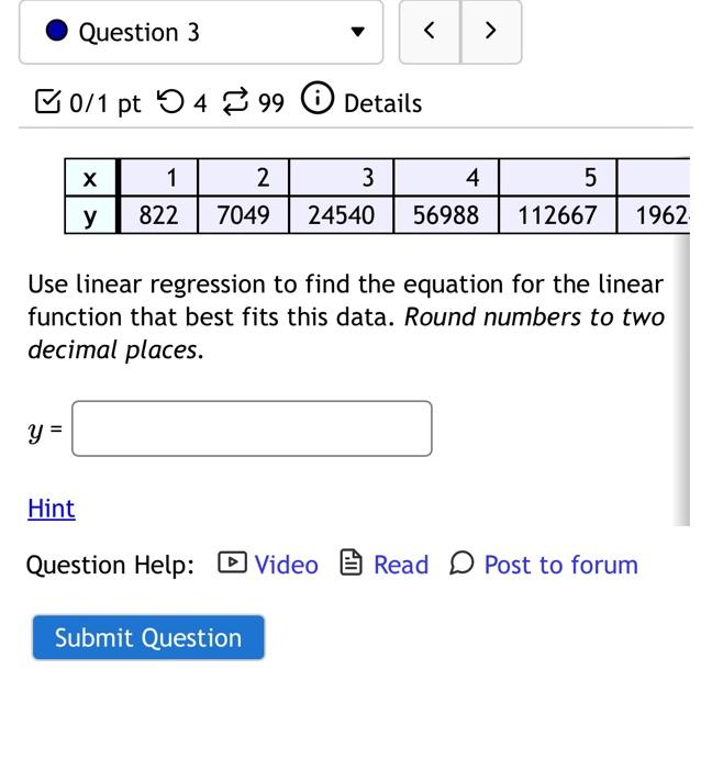 Solved ϖ0/1 pt ⊊4⇄99 (i) Details Use linear regression to | Chegg.com