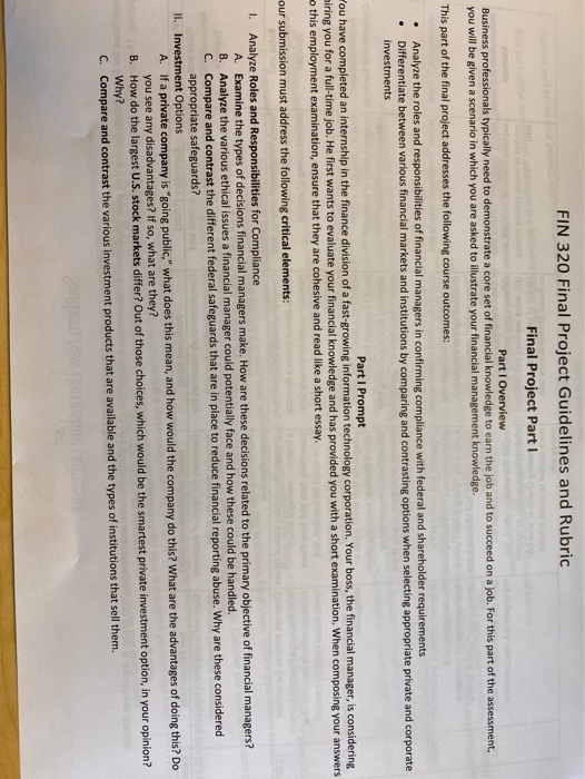 FIN 320 Final Project Guidelines and Rubric Final | Chegg.com