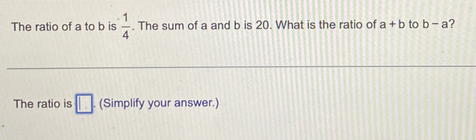 Solved The ratio of a ﻿to b ﻿is 14. ﻿The sum of a and b ﻿is | Chegg.com