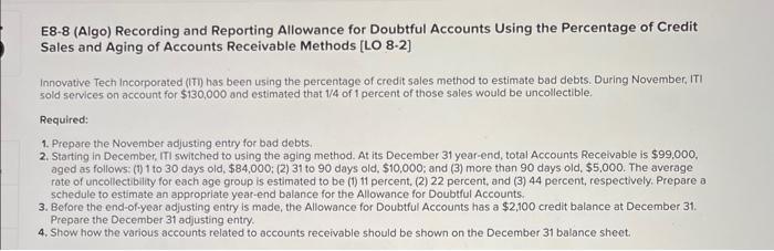 Solved E8-8 (Algo) Recording and Reporting Allowance for | Chegg.com