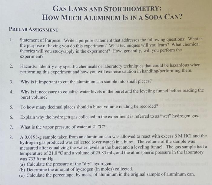 Solved GAS LAWS AND STOICHIOMETRY: How MUCH ALUMINUM IS IN A | Chegg.com