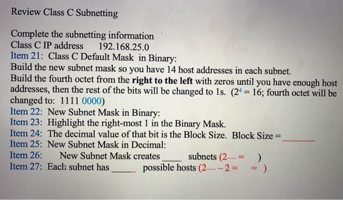 Solved Review Class C Subnetting Complete The Subnetting