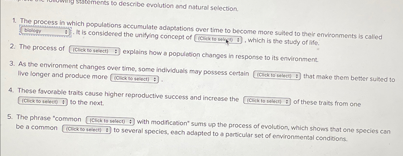 Solved statements to describe evolution and natural | Chegg.com