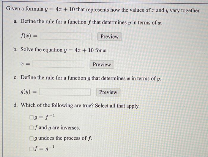Solved Given a formula y = 4x + 10 that represents how the | Chegg.com