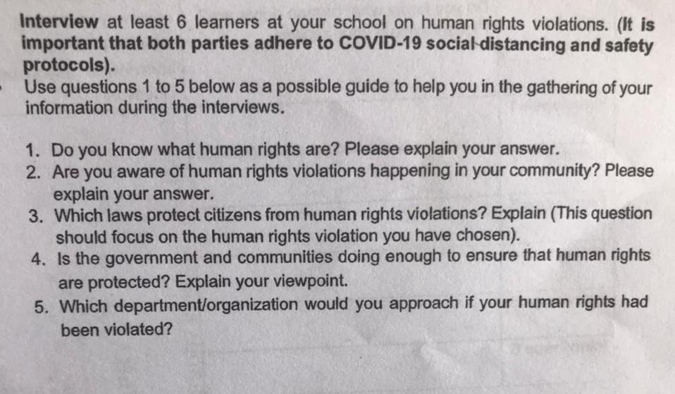 Interview at least 6 learners at your school on human | Chegg.com