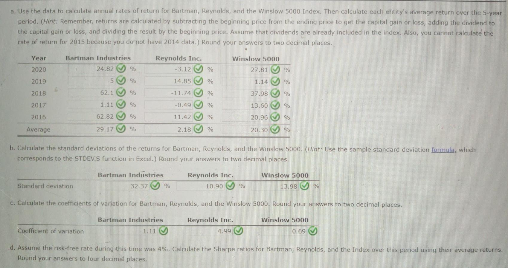 Excel Activity: Evaluating Risk and Return Bartman | Chegg.com