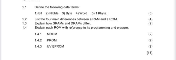 Solved 1.1 1.2 1.3 1.4 (5) (4) (2) Define the following data | Chegg.com