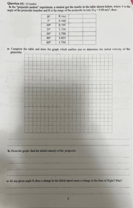 Solved Question (4) : (5 marks) In the "projectile motion" | Chegg.com