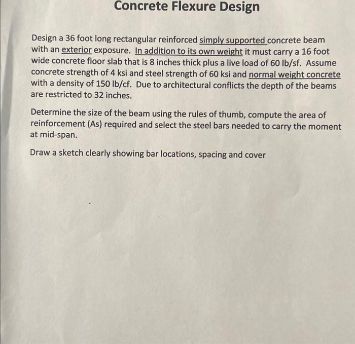 Solved Concrete Flexure Design Design a 36 foot long | Chegg.com