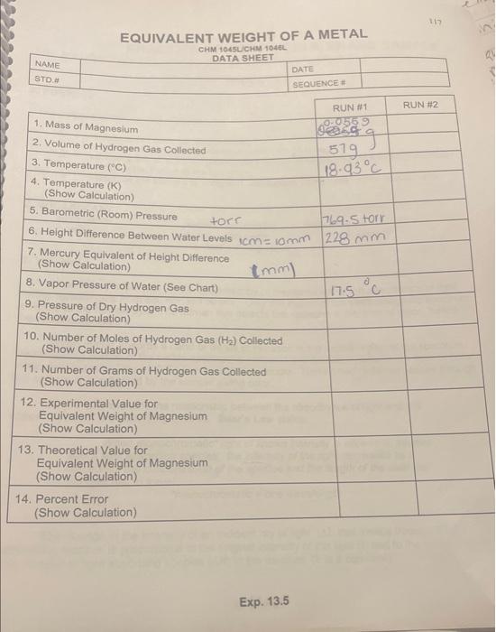 EQUIVALENT WEIGHT OF A METAL Exp. 13.5 | Chegg.com