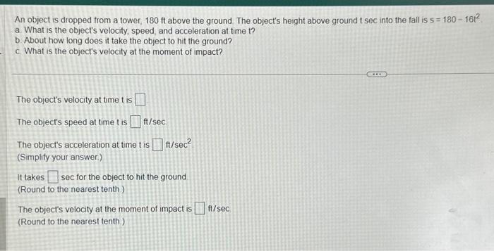 Solved An object is dropped from a tower, 180ft above the | Chegg.com