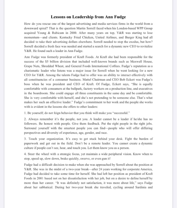 Solved Lessons on Leadership from Ann Fudge How do you | Chegg.com