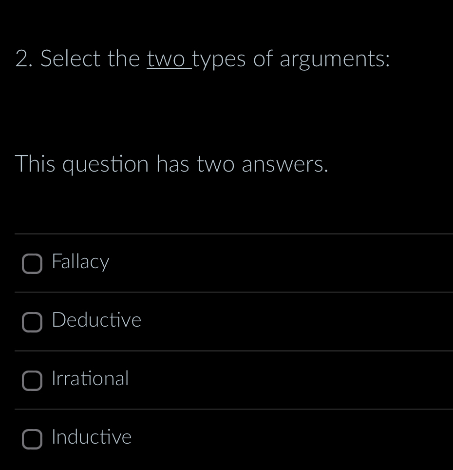 Solved Select the two types of arguments:This question has | Chegg.com