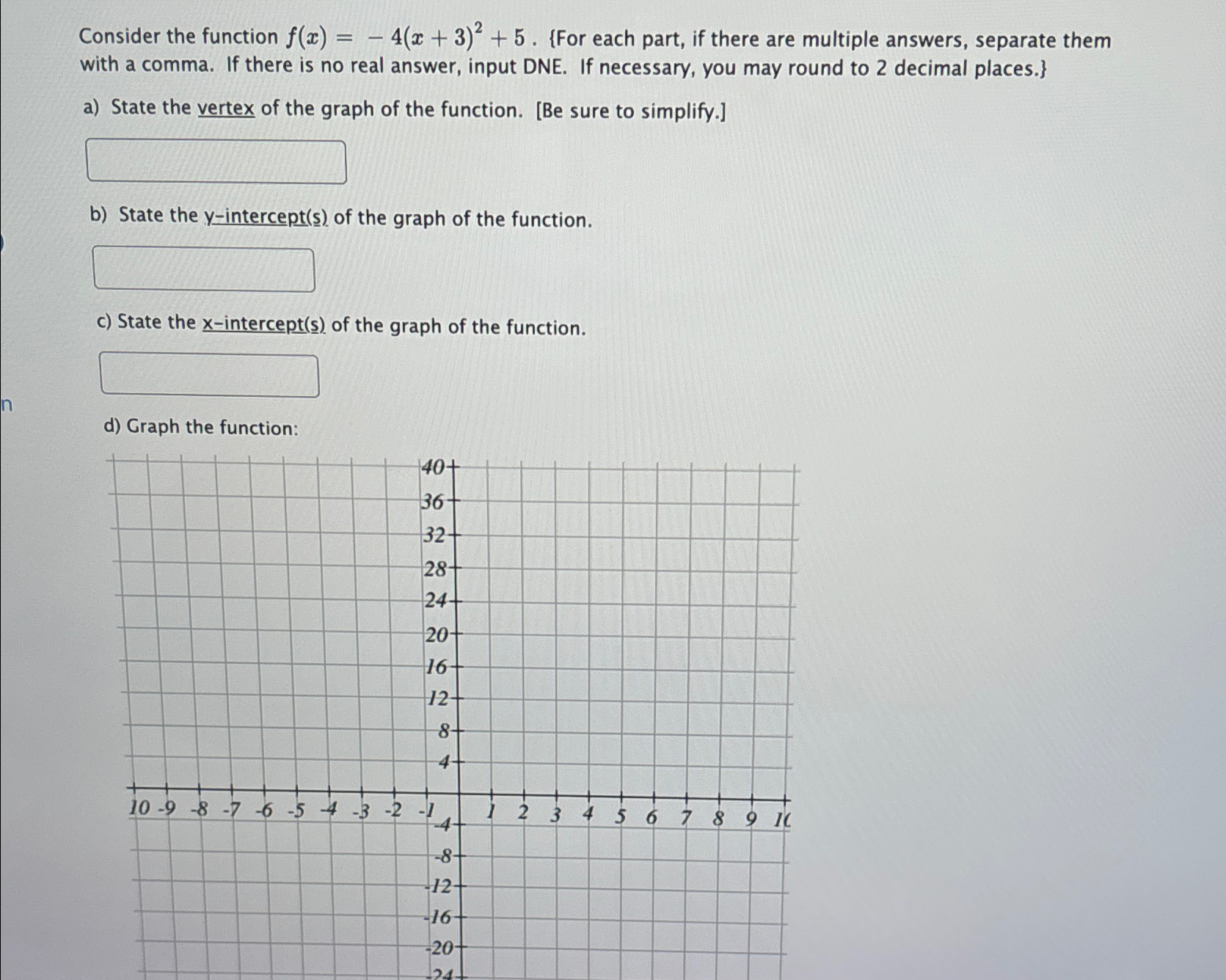 Solved Consider the function f(x)=-4(x+3)2+5. {For each | Chegg.com