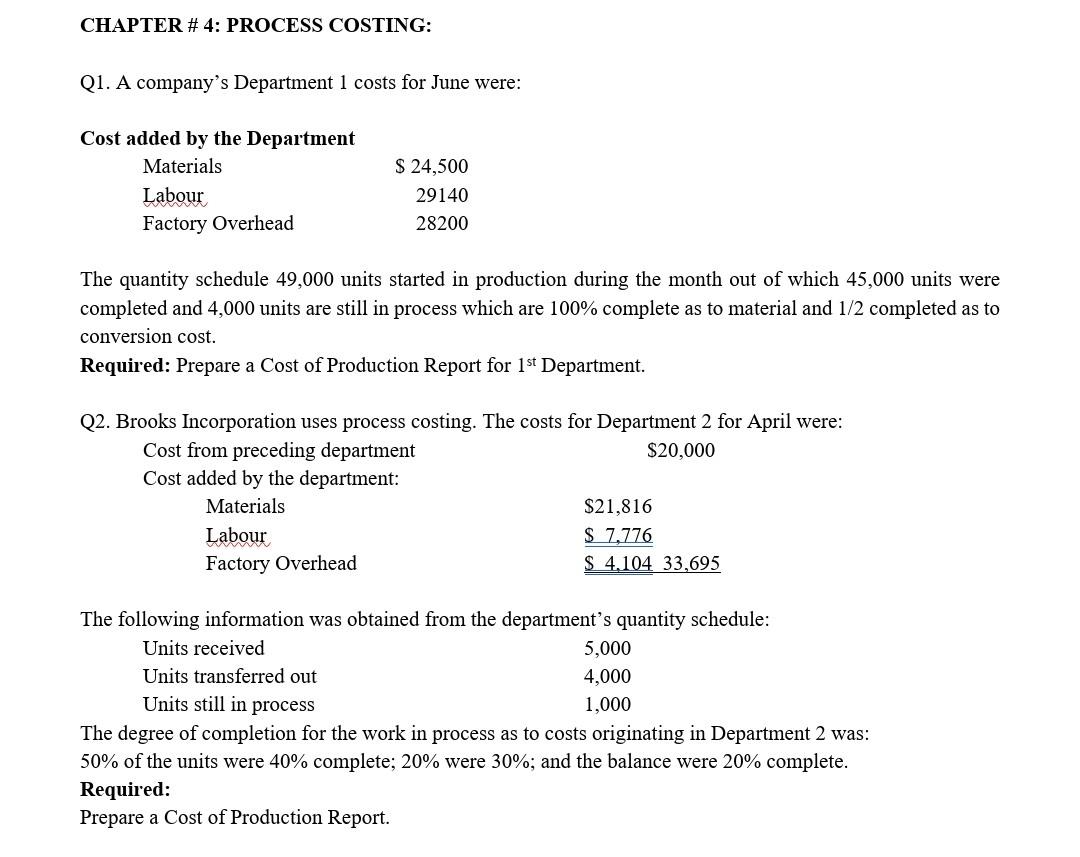 Solved CHAPTER #4: PROCESS COSTING: Q1. A company's | Chegg.com