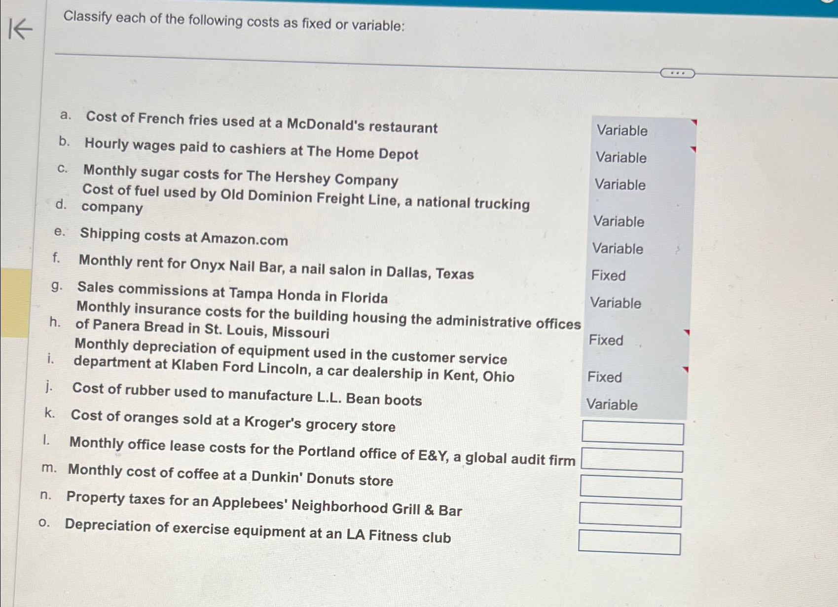 Solved Classify each of the following costs as fixed or | Chegg.com