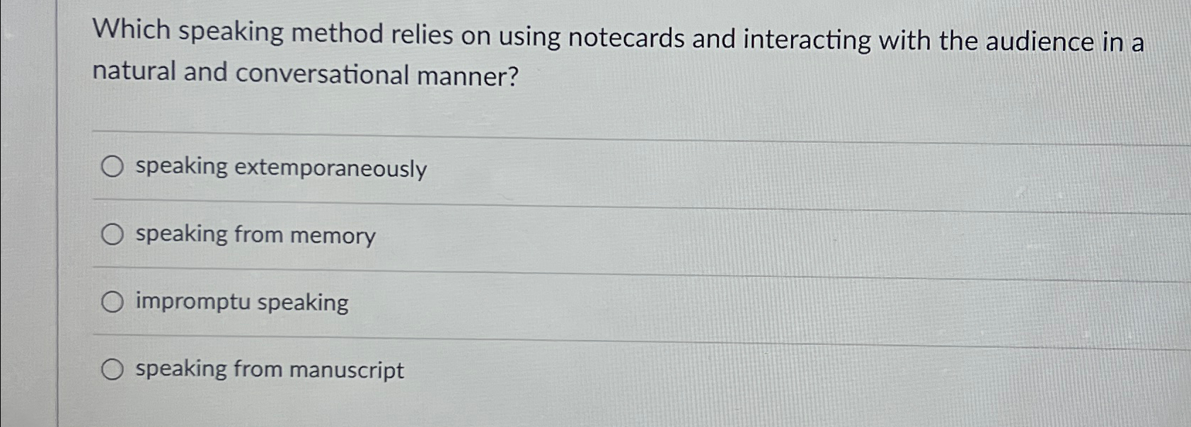 Solved Which speaking method relies on using notecards and | Chegg.com
