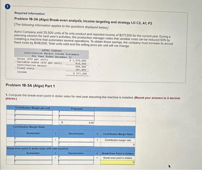 Solved Required information Problem 18-3A (Algo) Break-even | Chegg.com