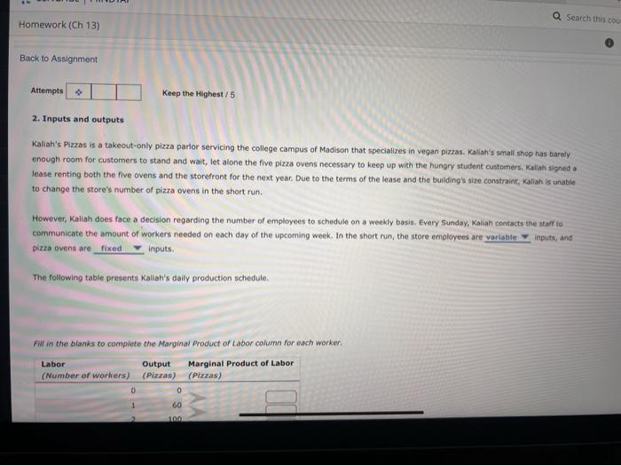 Solved 2. Inputs and outputs Kaliah's Pizzas is a | Chegg.com