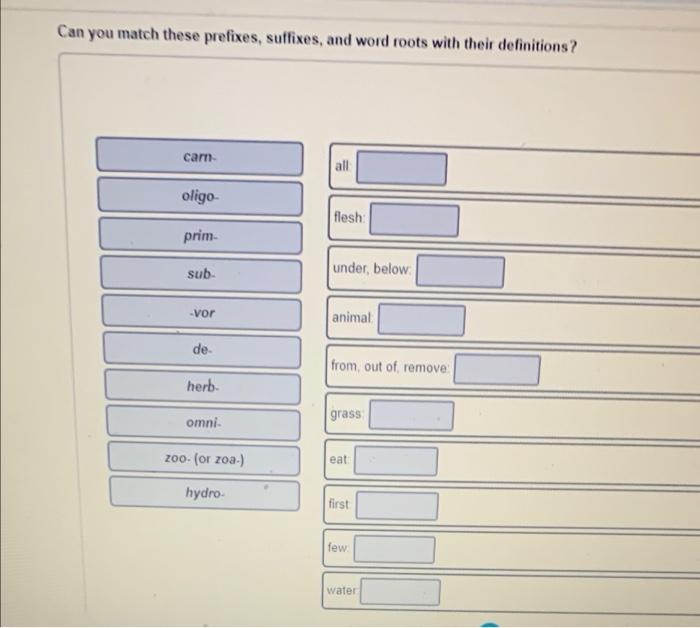 Solved Can you match these prefixes, suffixes, and word | Chegg.com