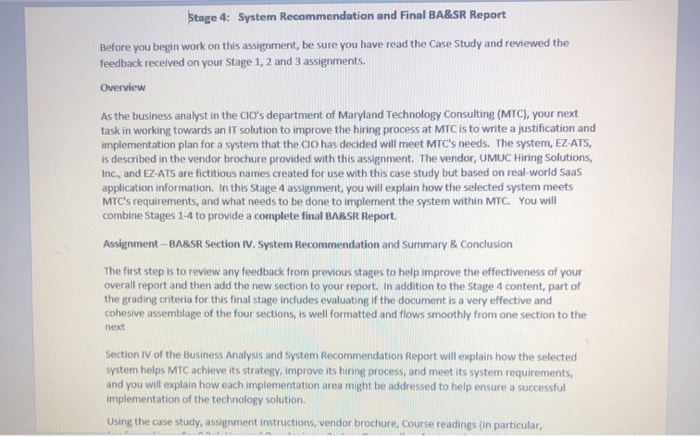 Solved Stage 4: System Recommendation and Final BA&SR Report | Chegg.com