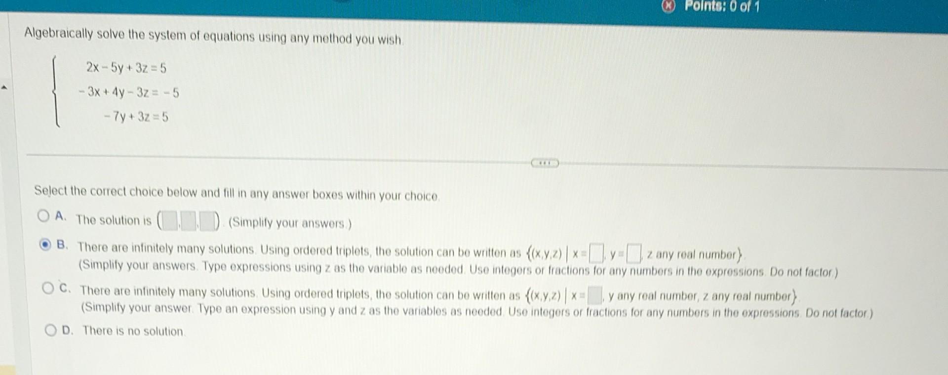 Solved Algebraically solve the system of equations using any | Chegg.com