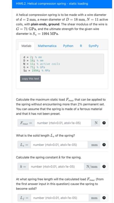 Solved A helical compression spring is to be made with a | Chegg.com