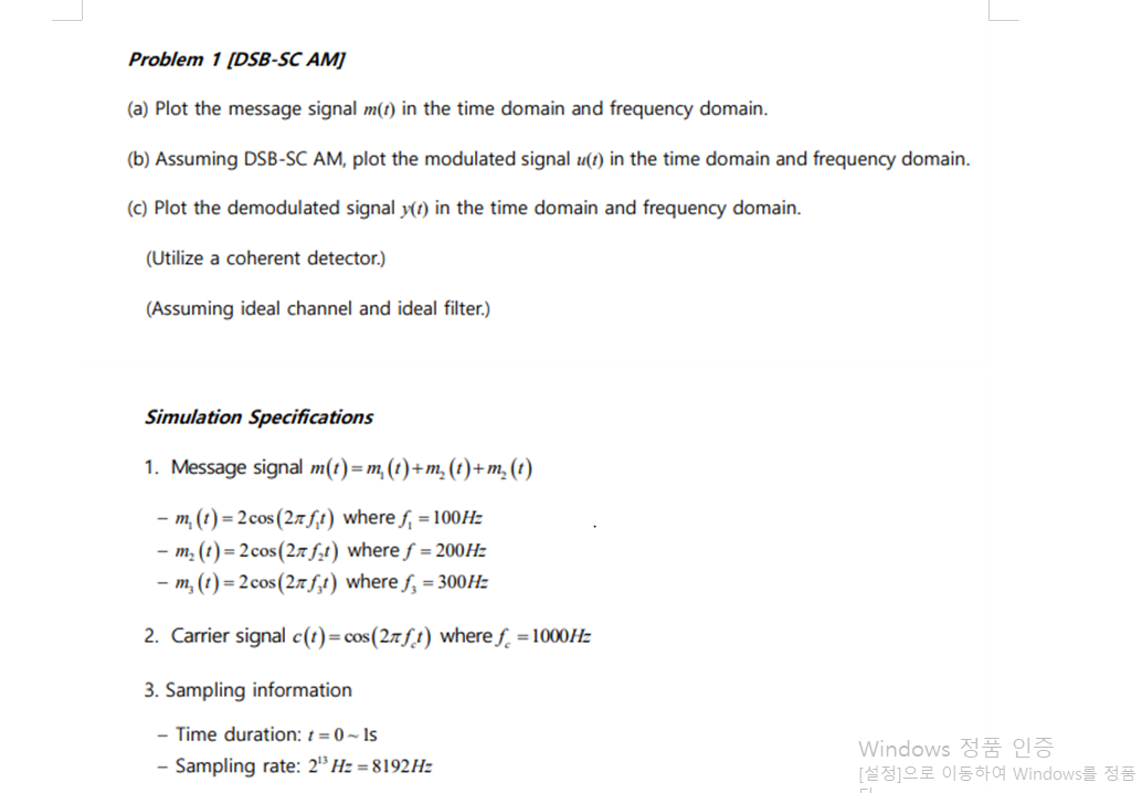 Solved Problem 1 [DSB-SC AM] (a) Plot the message signal | Chegg.com