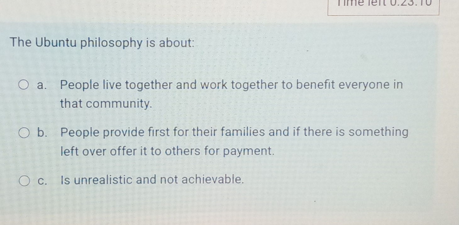Solved The Ubuntu philosophy is about:a. ﻿People live | Chegg.com