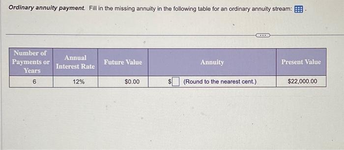 Solved Ordinary annuity payment. Fill in the missing annuity | Chegg.com