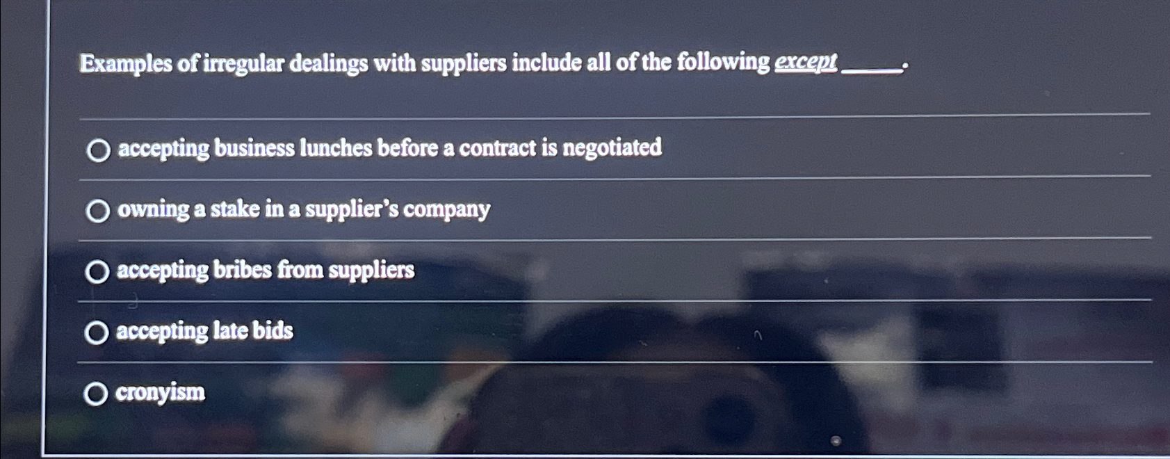 Solved Examples of irregular dealings with suppliers include | Chegg.com