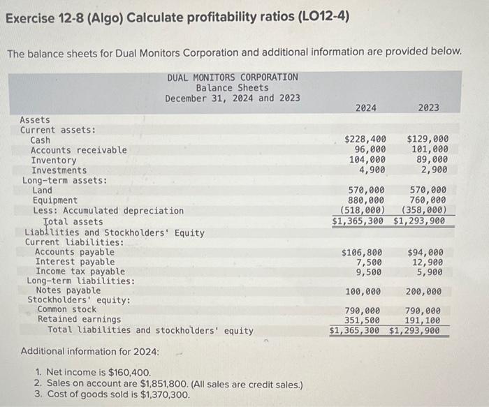 Solved Exercise 12-8 (Algo) Calculate profitability ratios | Chegg.com