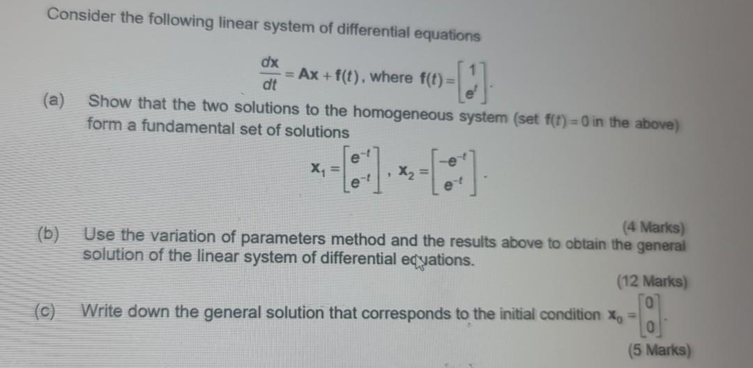 Solved Consider the following linear system of differential | Chegg.com