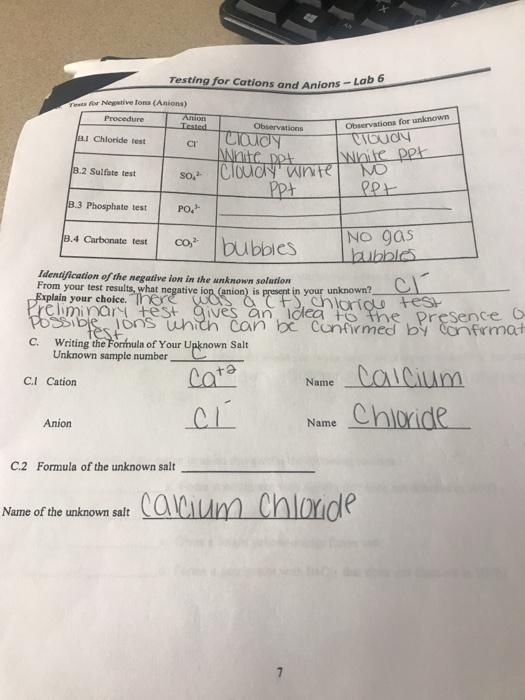 Solved Testing for Cations and Anions-Lab 6 rests for | Chegg.com