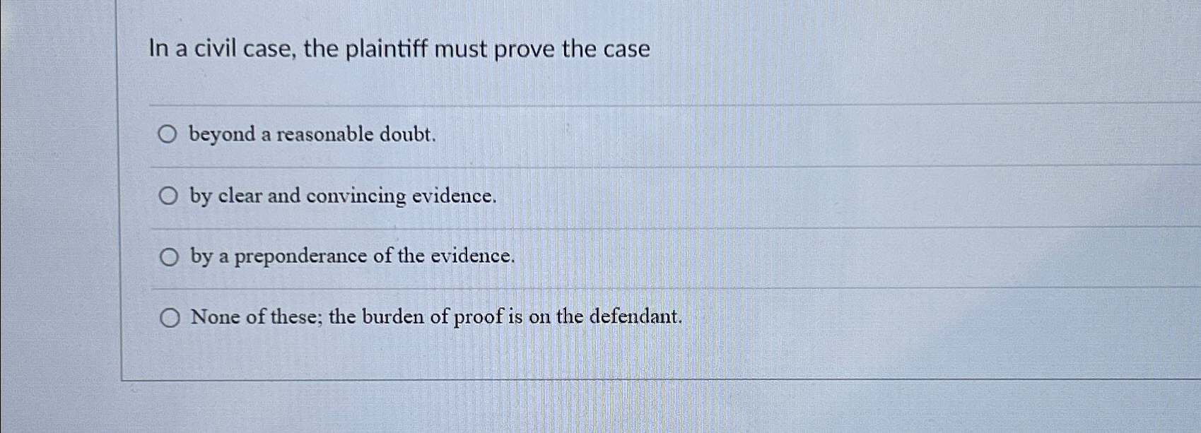Solved In a civil case, the plaintiff must prove the | Chegg.com