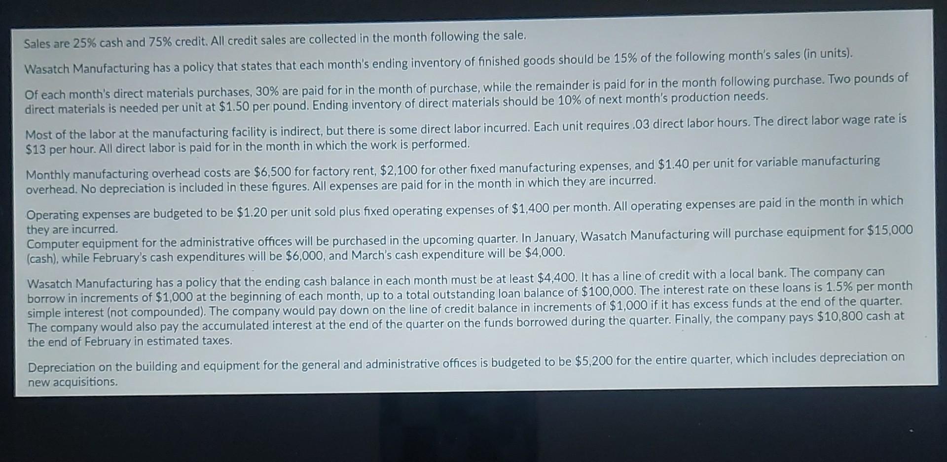 Solved Wasatch Manufacturing is preparing its master budget | Chegg.com
