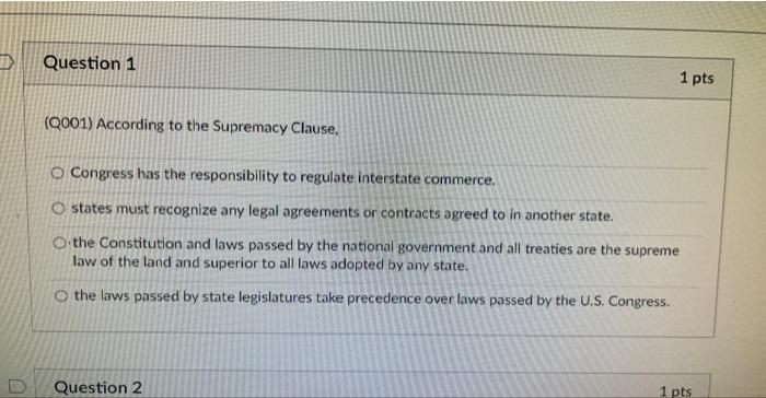 (Q001) According to the Supremacy Clause, Congress | Chegg.com