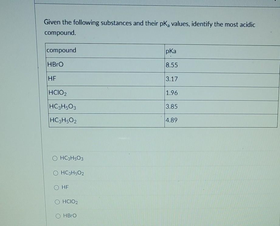 Solved Given the following substances and their pK, values, | Chegg.com