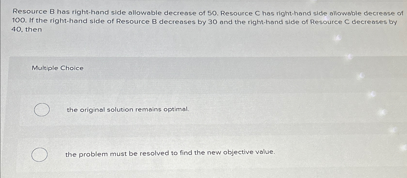 Solved Resource B ﻿has right-hand side allowable decrease of | Chegg.com