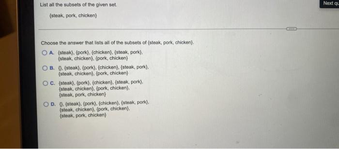 Neotu List all the subsets of the given set. {steak, | Chegg.com