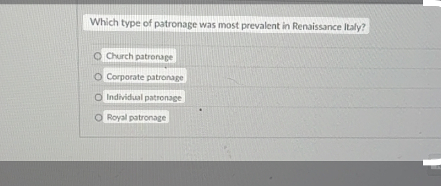 Solved Which type of patronage was most prevalent in | Chegg.com