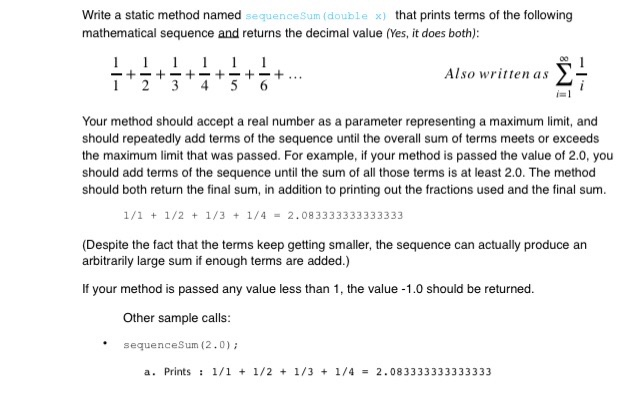 Solved Write A Static Method Named Sequence Sum Double X 6001