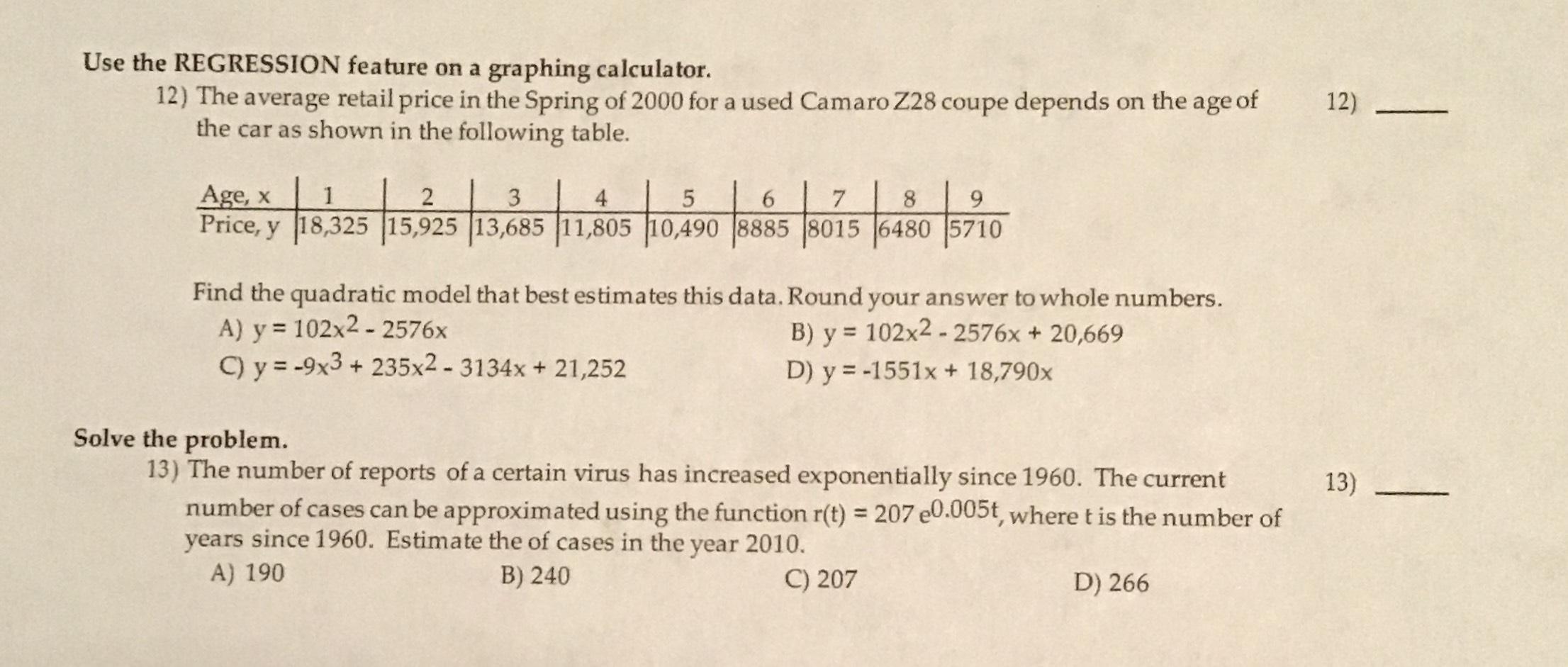 Solved Use the REGRESSION feature on a graphing | Chegg.com