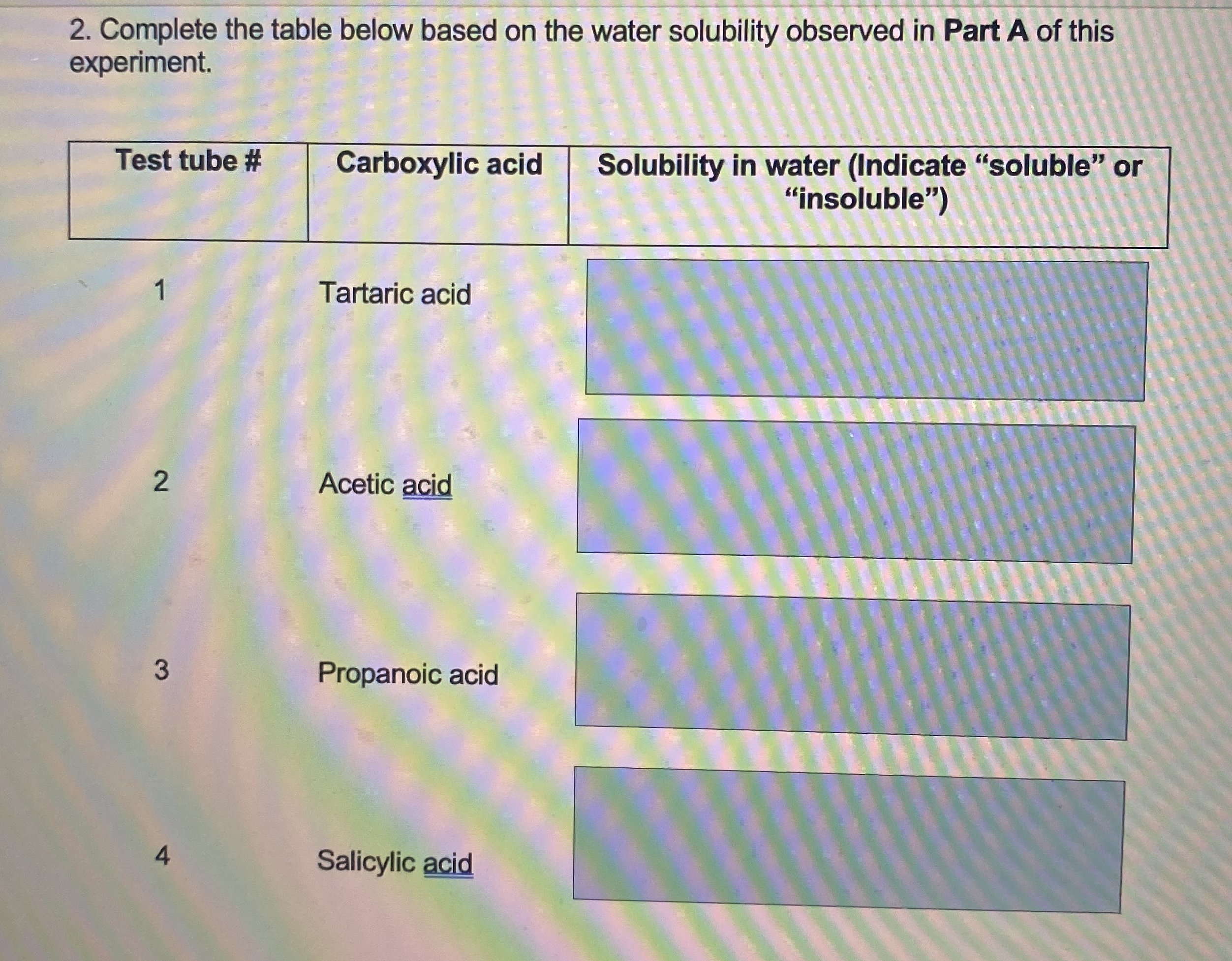 Solved Complete the table below based on the water | Chegg.com