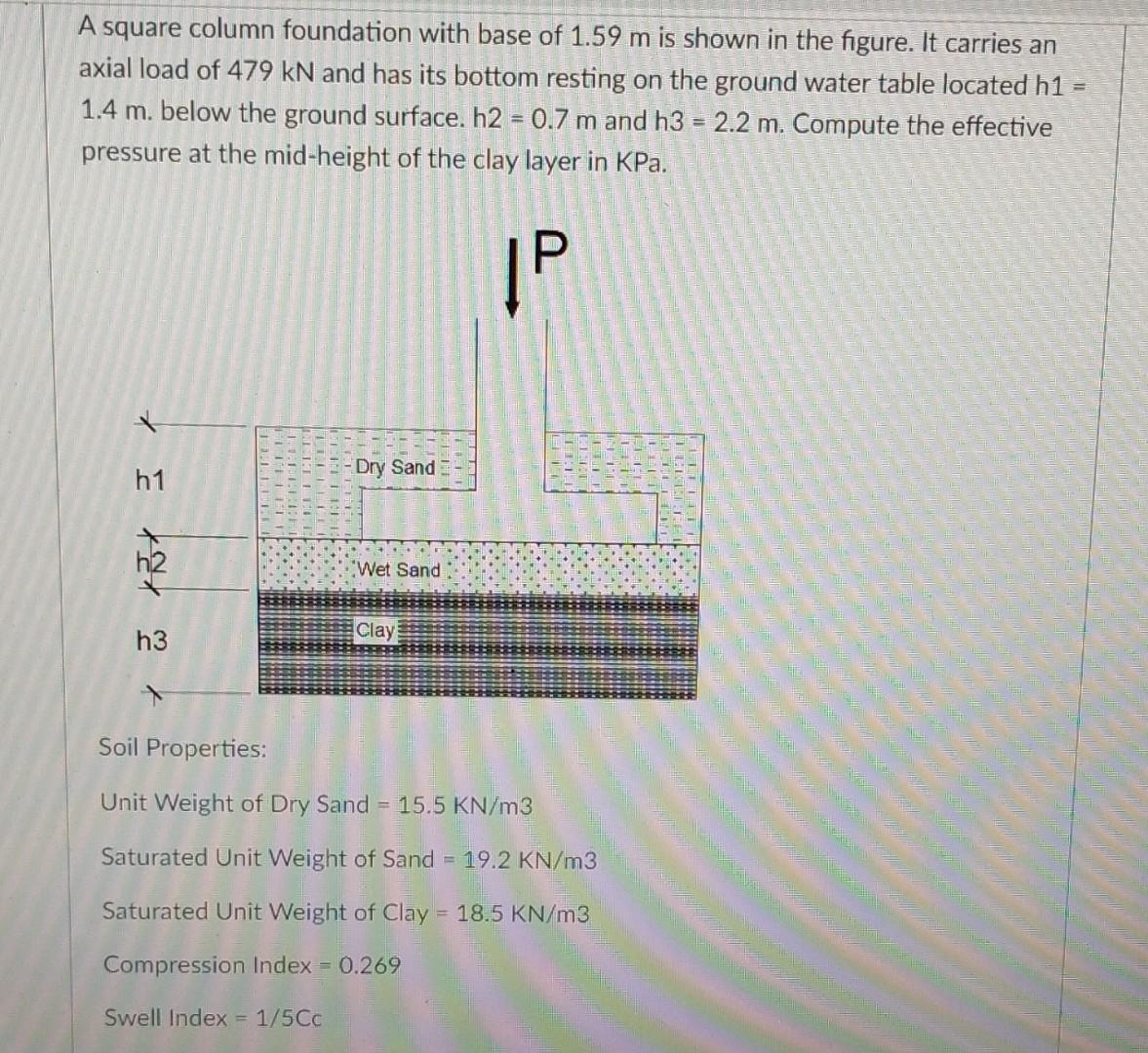 Solved M A square column foundation with base of 1.59 m is | Chegg.com