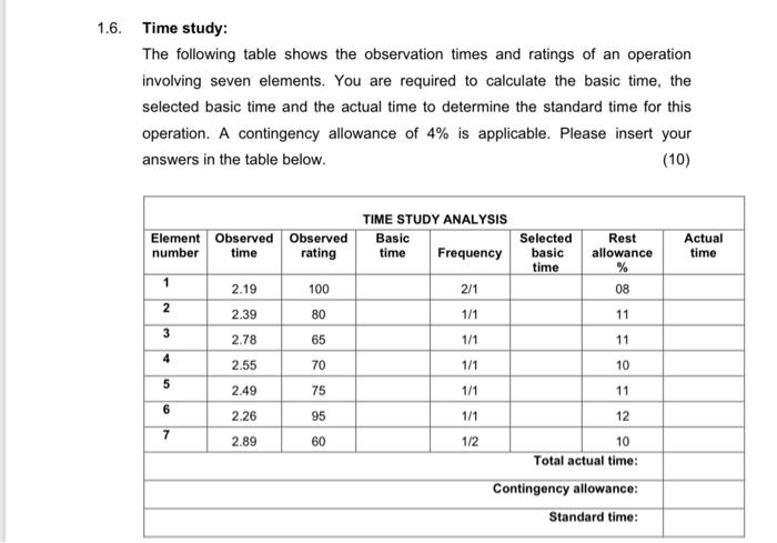 Solved 6. Time study: The following table shows the | Chegg.com