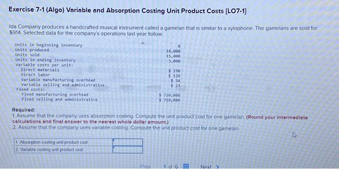 Solved Exercise 7 1 Algo Variable And Absorption Costing 