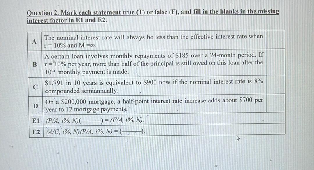 Solved Question 2. ﻿Mark each statement true (T) ﻿or false | Chegg.com